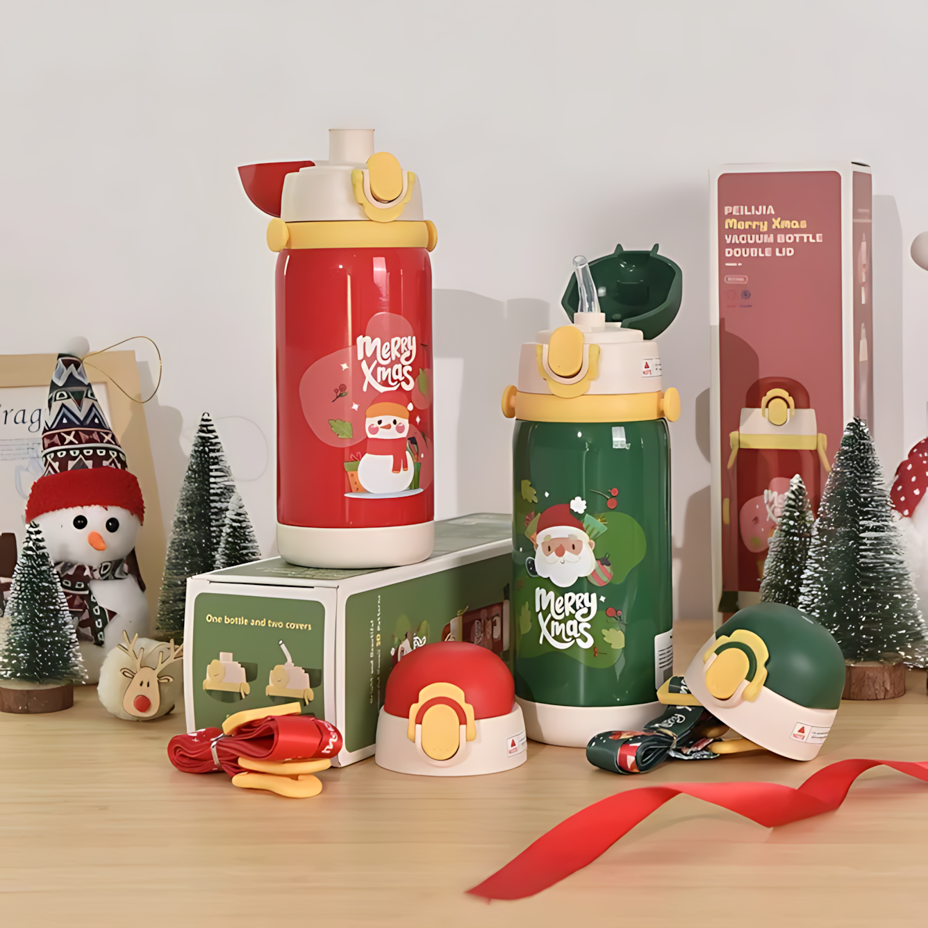 Merry Xmas Stainless Steel Vacuum Bottle – 450ML (Double Lid) – Giftoo